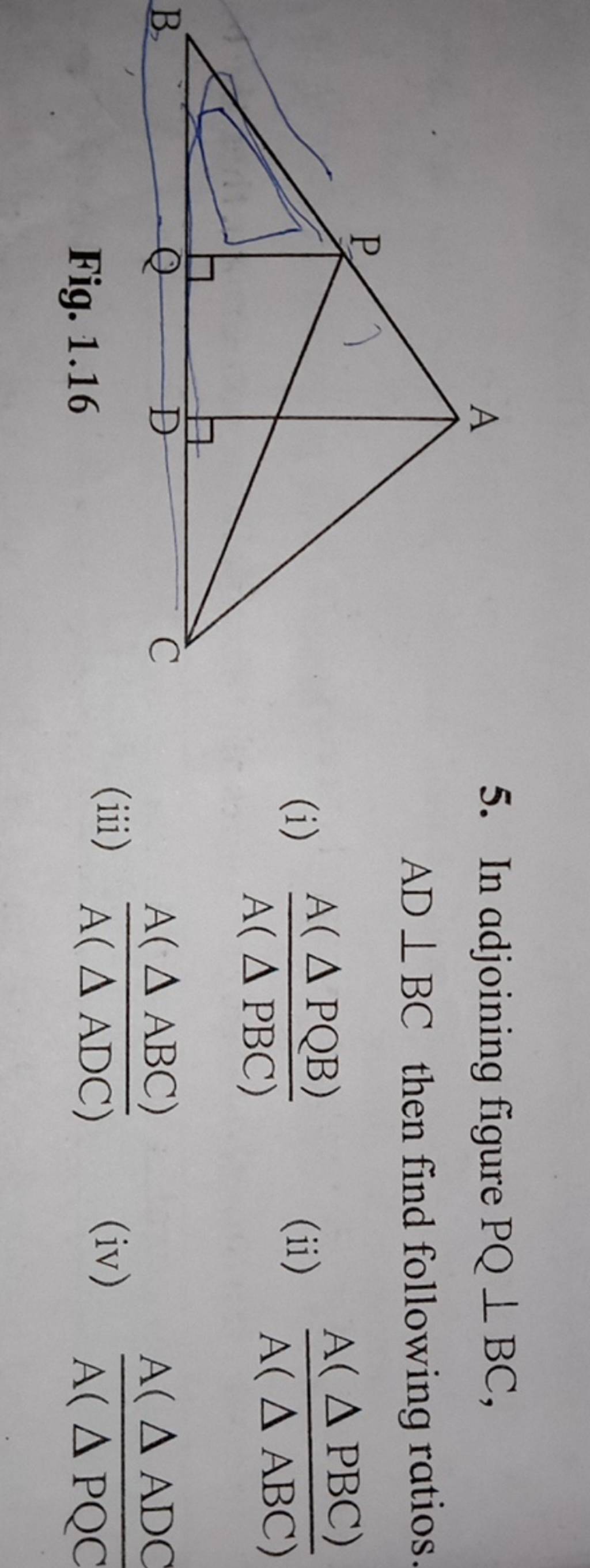 5. In adjoining figure PQ⊥BC, AD⊥BC then find following ratios. (i) A( PB..