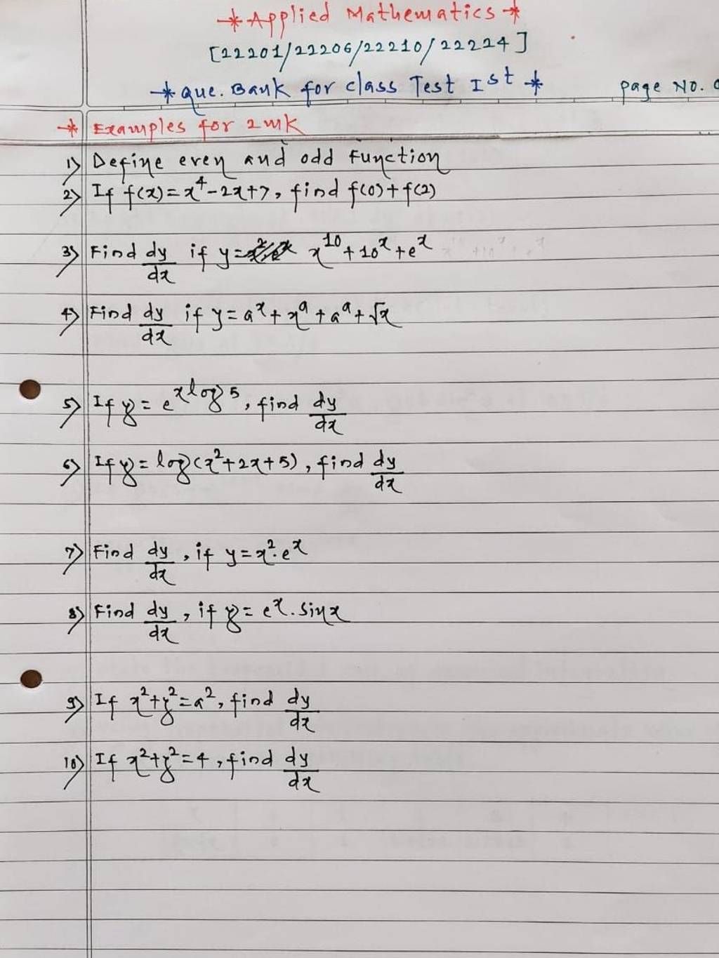 * Applied Mathematics * [22201/22206/22210/22224] * que. Bank for class T..