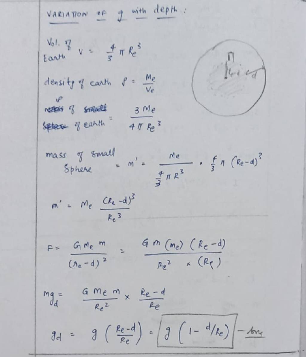VARIATON of I with depth: Sphere =m′=34 πR3me ,3f π(Re −d)3 mass of smal..