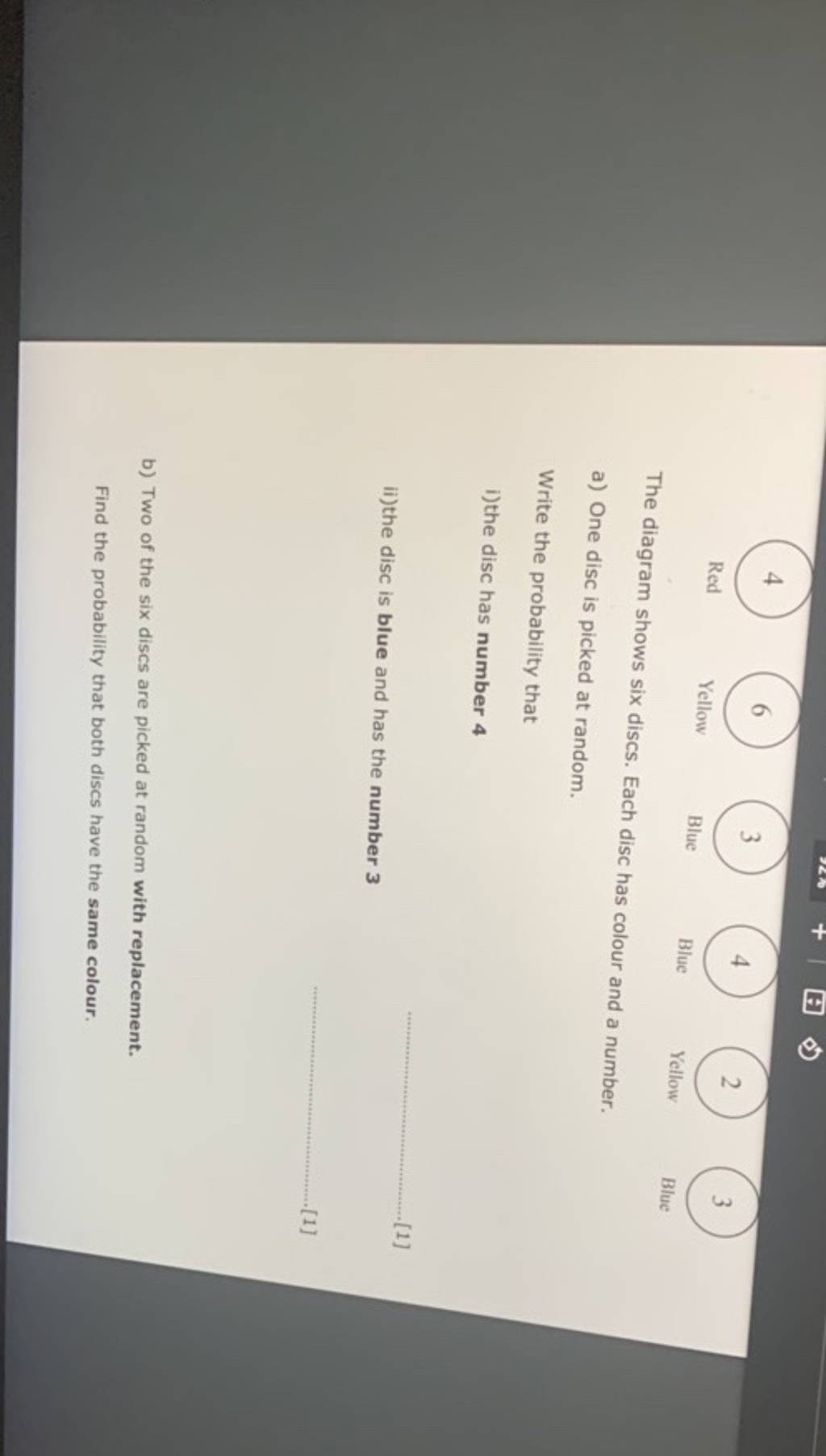 The diagram shows six discs. Each disc has colour and a number. a) One di..