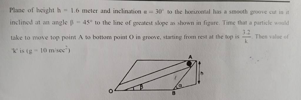 Plane of height h=1.6 meter and inclination α=30∘ to the horizontal has a..