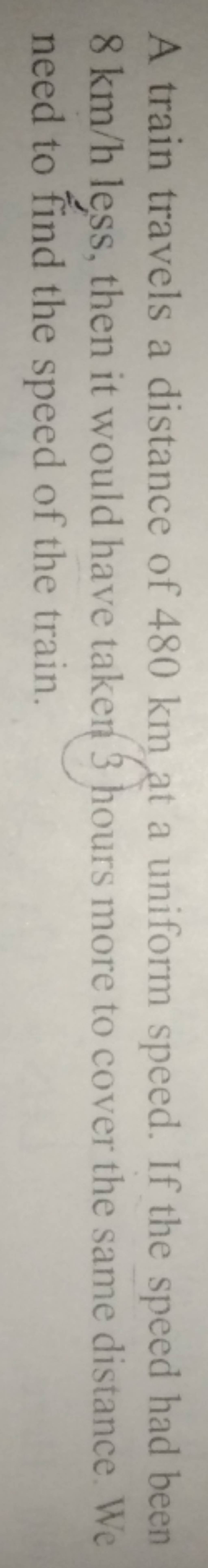 A train travels a distance of 480 km at a uniform speed. If the speed had..