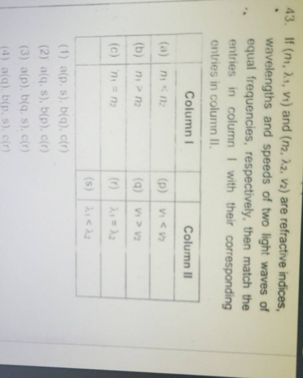 If (n1 ,λ1 ,v1 ) and (n2 ,λ2 ,v2 ) are refractive indices, wavelengths an..