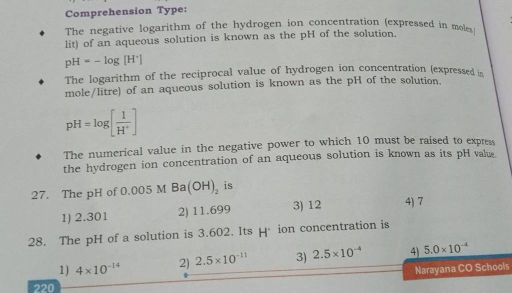 Comprehension Type: - The negative logarithm of the hydrogen ion concentr..