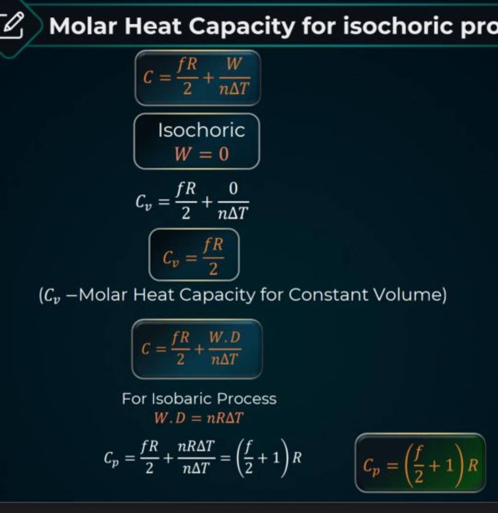 Molar Heat Capacity for isochoric pro C=2fR +nΔTW Isochoric W=0 Cv =2fR
