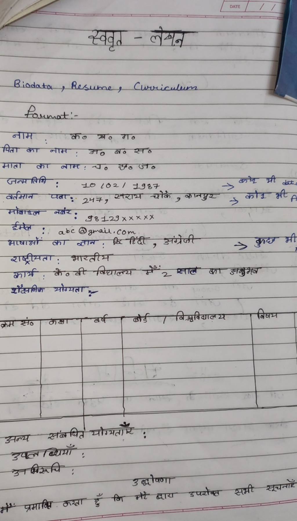 स्ववृत - लेखन Biodata, Resume, Curriculum format:- ईमेन : abc बymail. com..