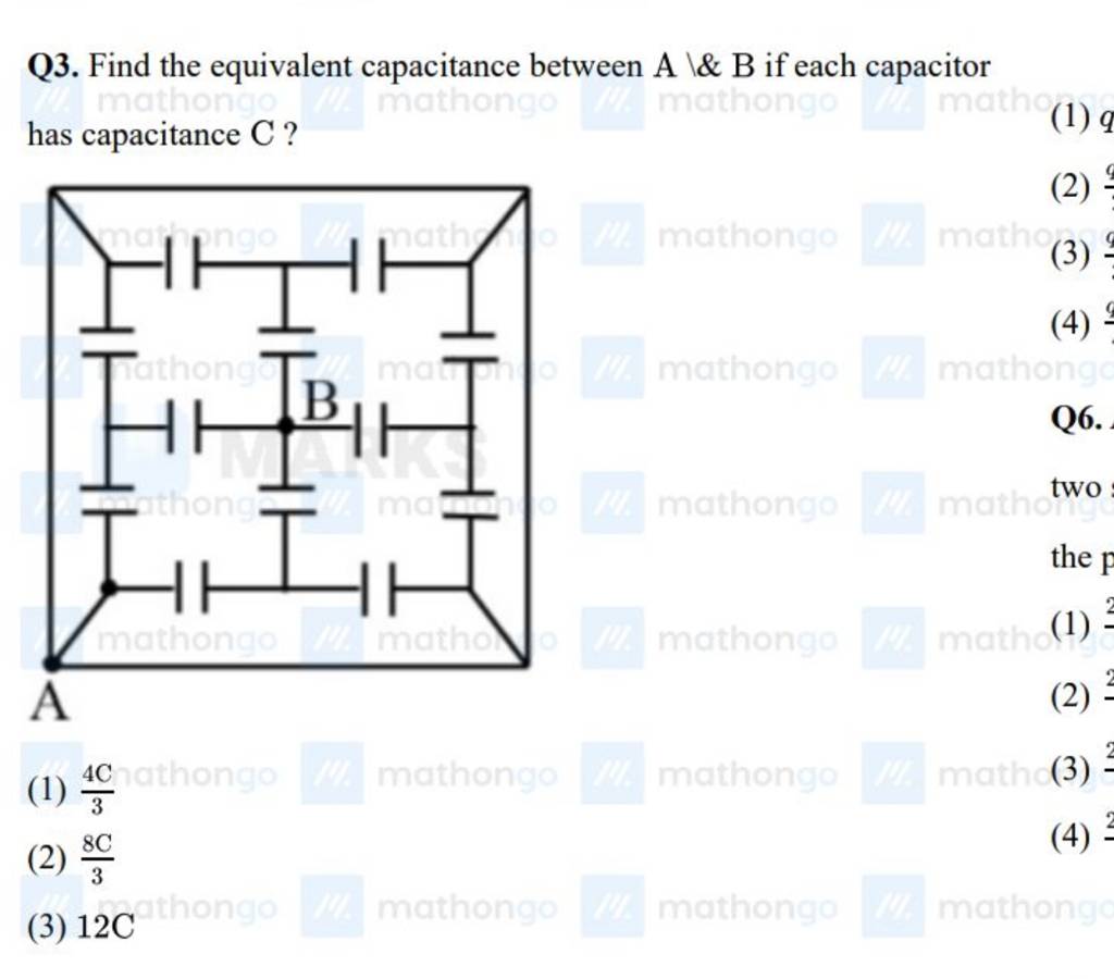 Q3. Find the equivalent capacitance between A\& B if each capacitor has c..