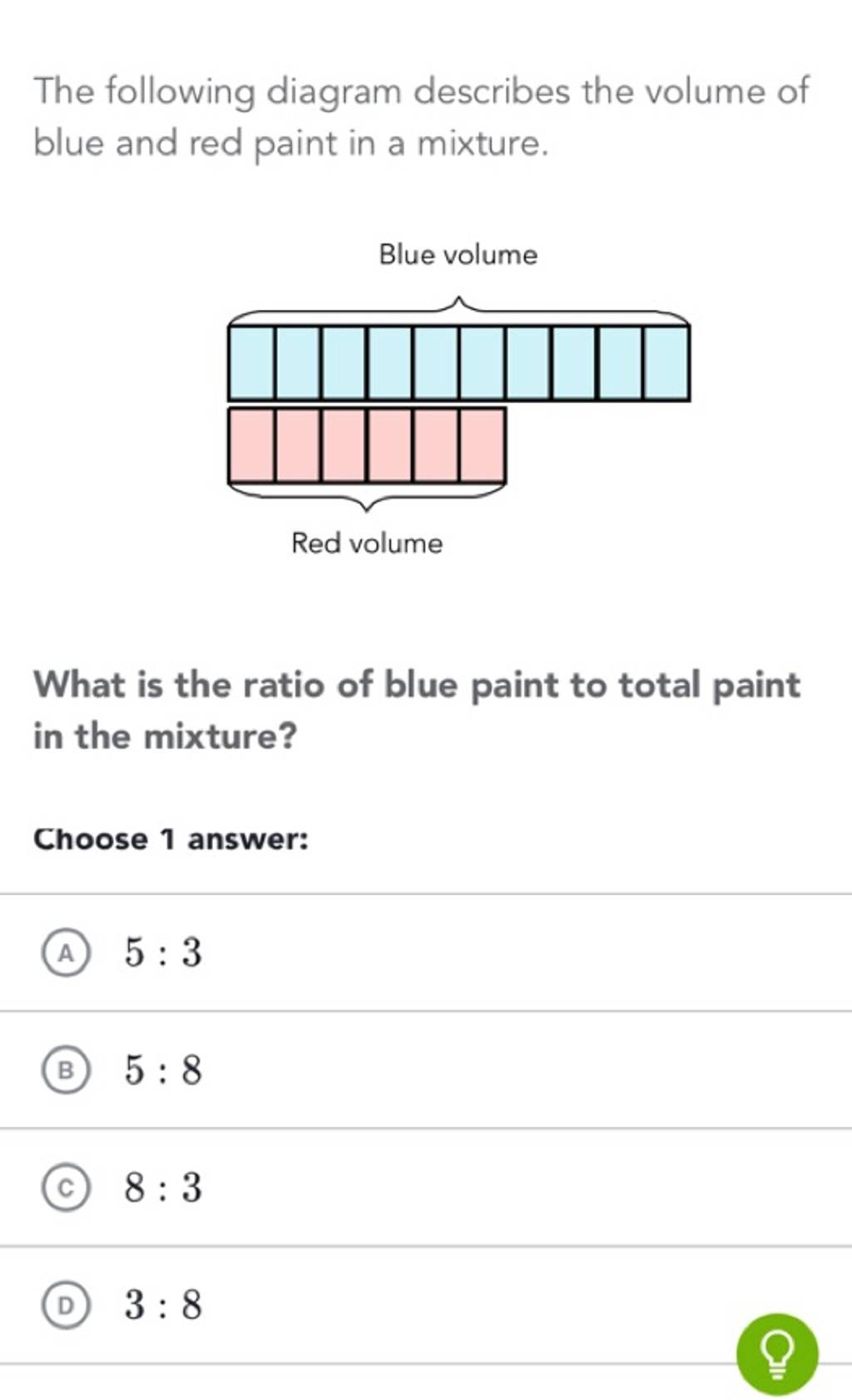 The following diagram describes the volume of blue and red paint in a mix..