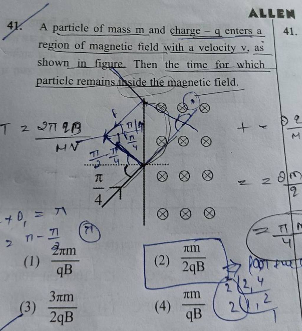 41. A particle of mass m and charge −q enters a region of magnetic field