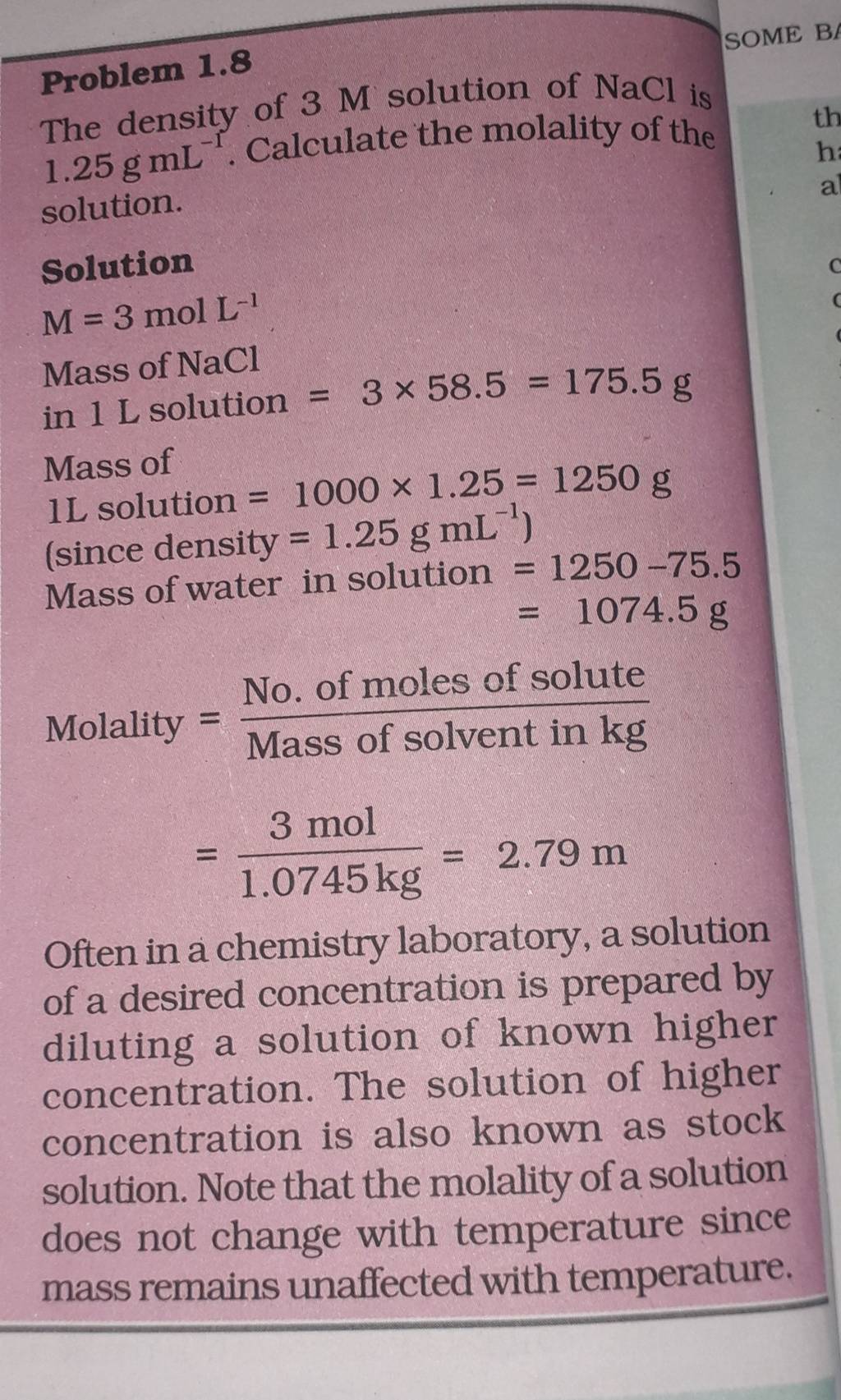 Problem 1.8 The density of 3M solution of NaCl is 1.25 g mL−1. Calculate
