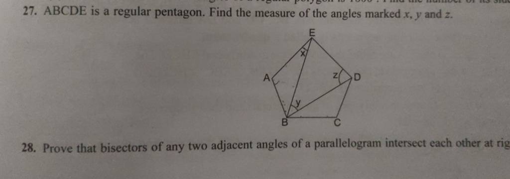27. ABCDE is a regular pentagon. Find the measure of the angles marked x,..