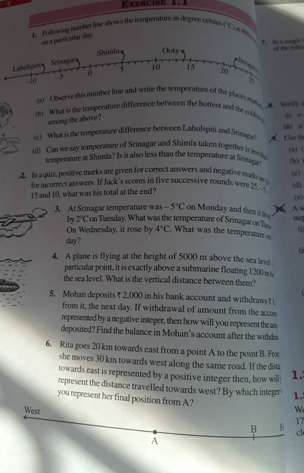 1. Following number line shows the temperature in degree celsius (C) at f..