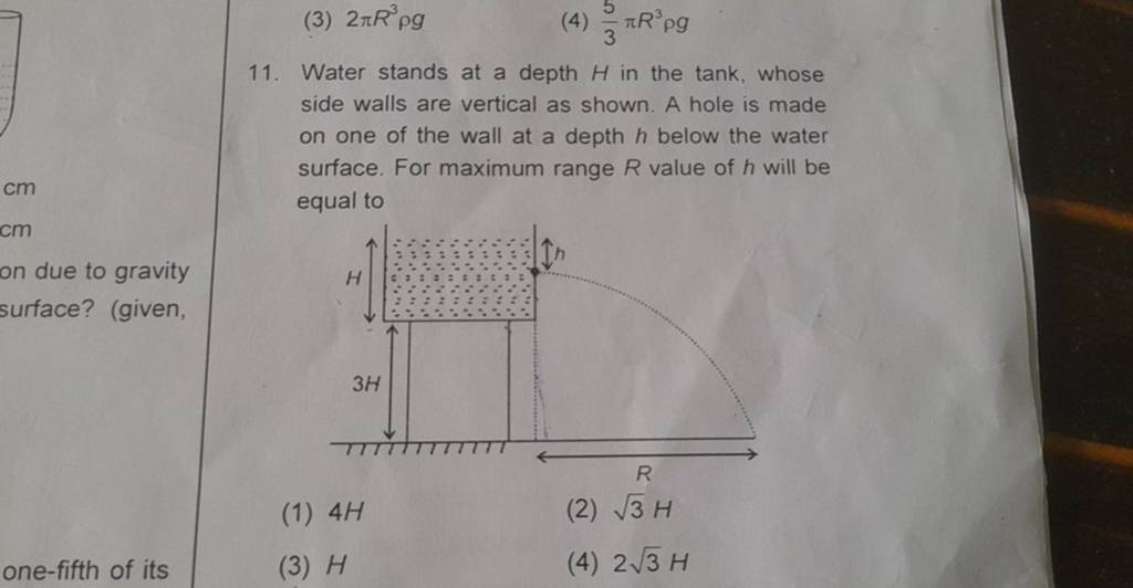 Water stands at a depth H in the tank, whose side walls are vertical as s..