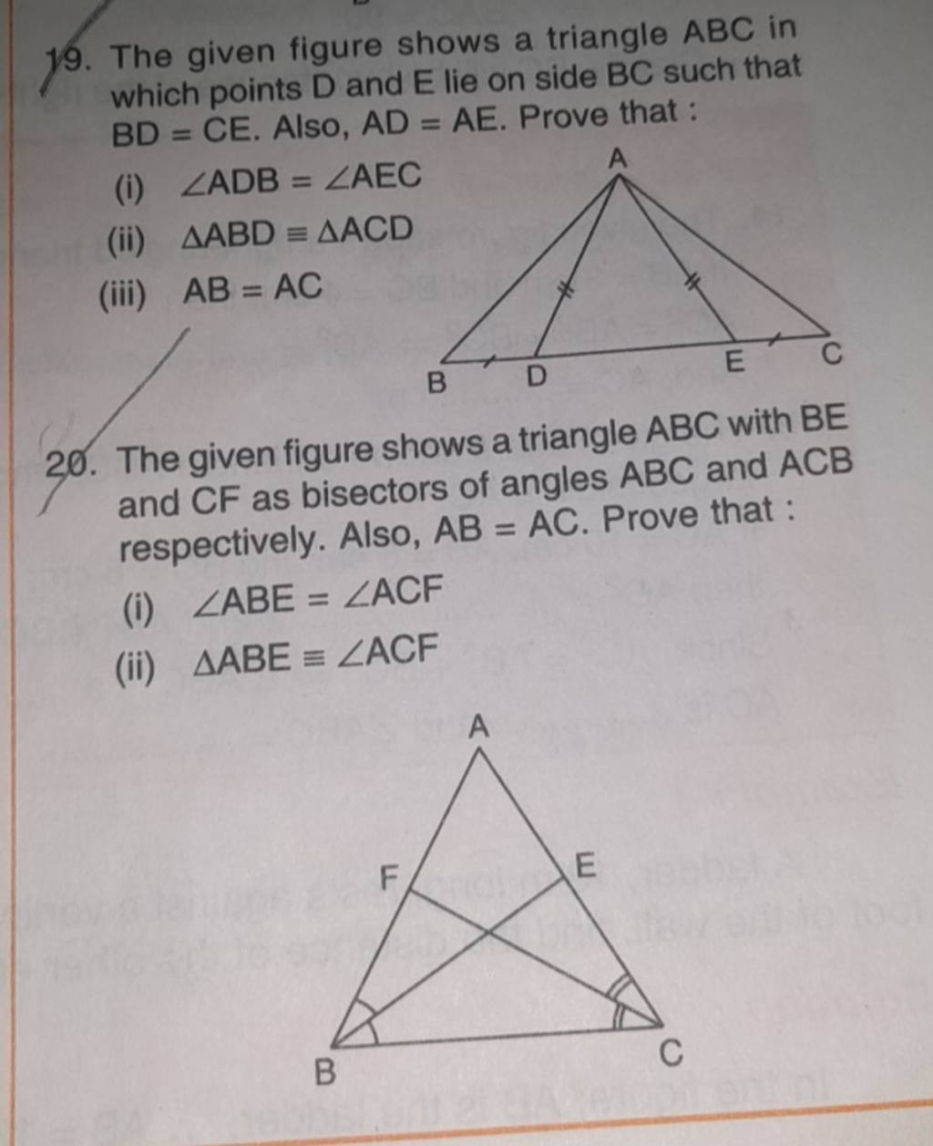 19. The given figure shows a triangle ABC in which points D and E lie on