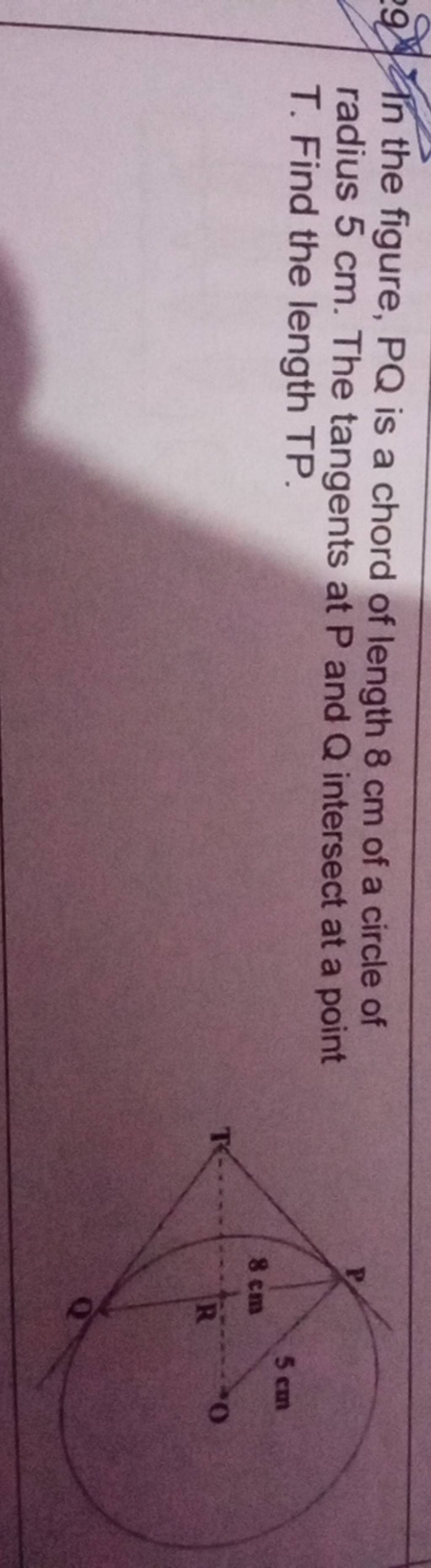 In the figure, PQ is a chord of length 8 cm of a circle of radius 5 cm. T..