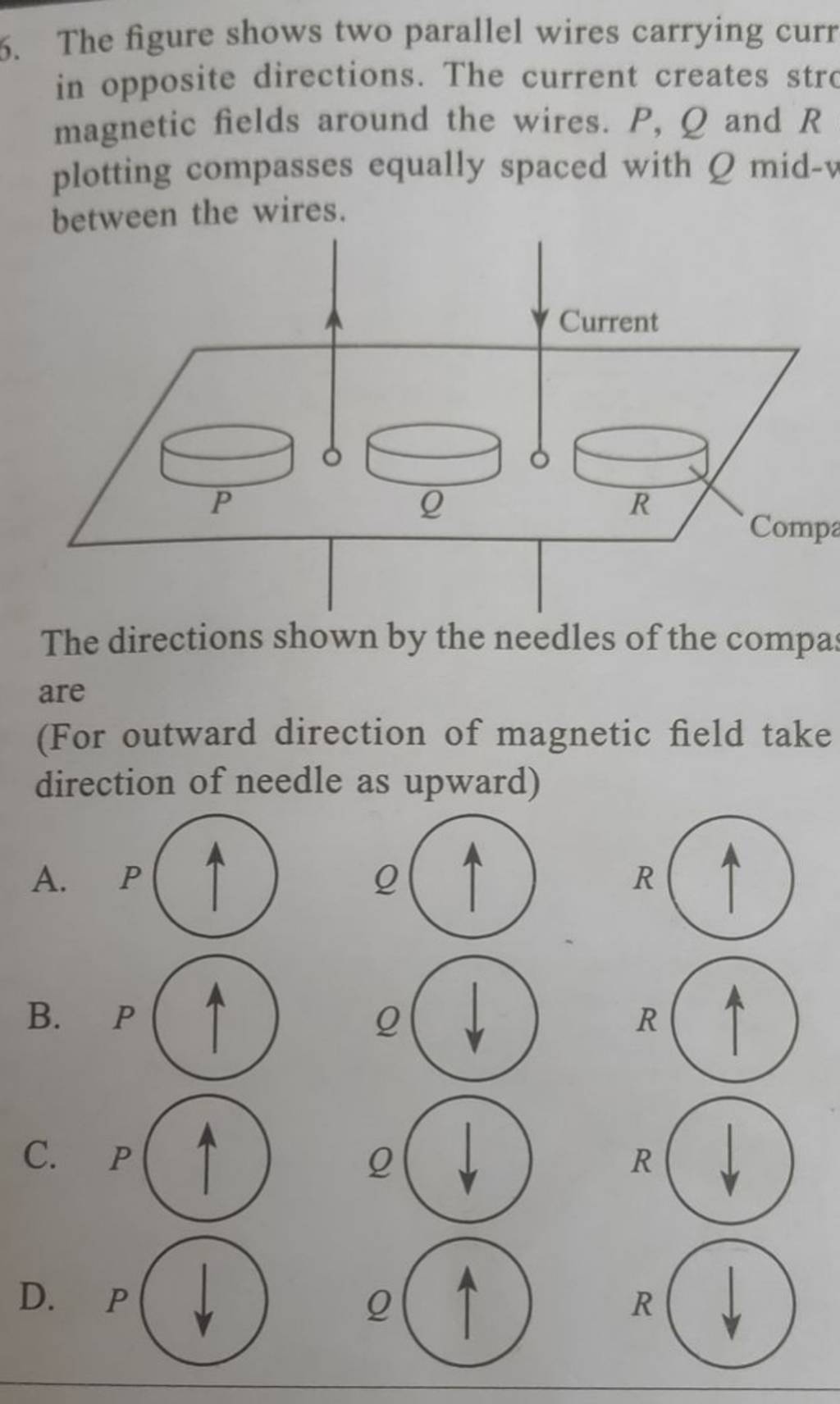 6. The figure shows two parallel wires carrying curr in opposite directio..