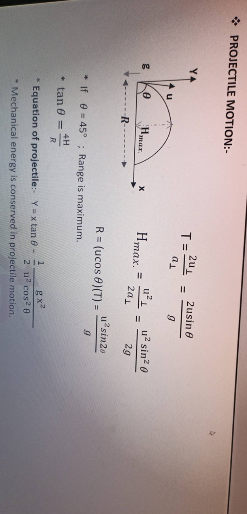 * PROJECTILE MOTION:- T=a⊥ 2u⊥ =g2usinθ Hmax. =2a⊥ u2⊥ =2gu2sin2θ R=(..