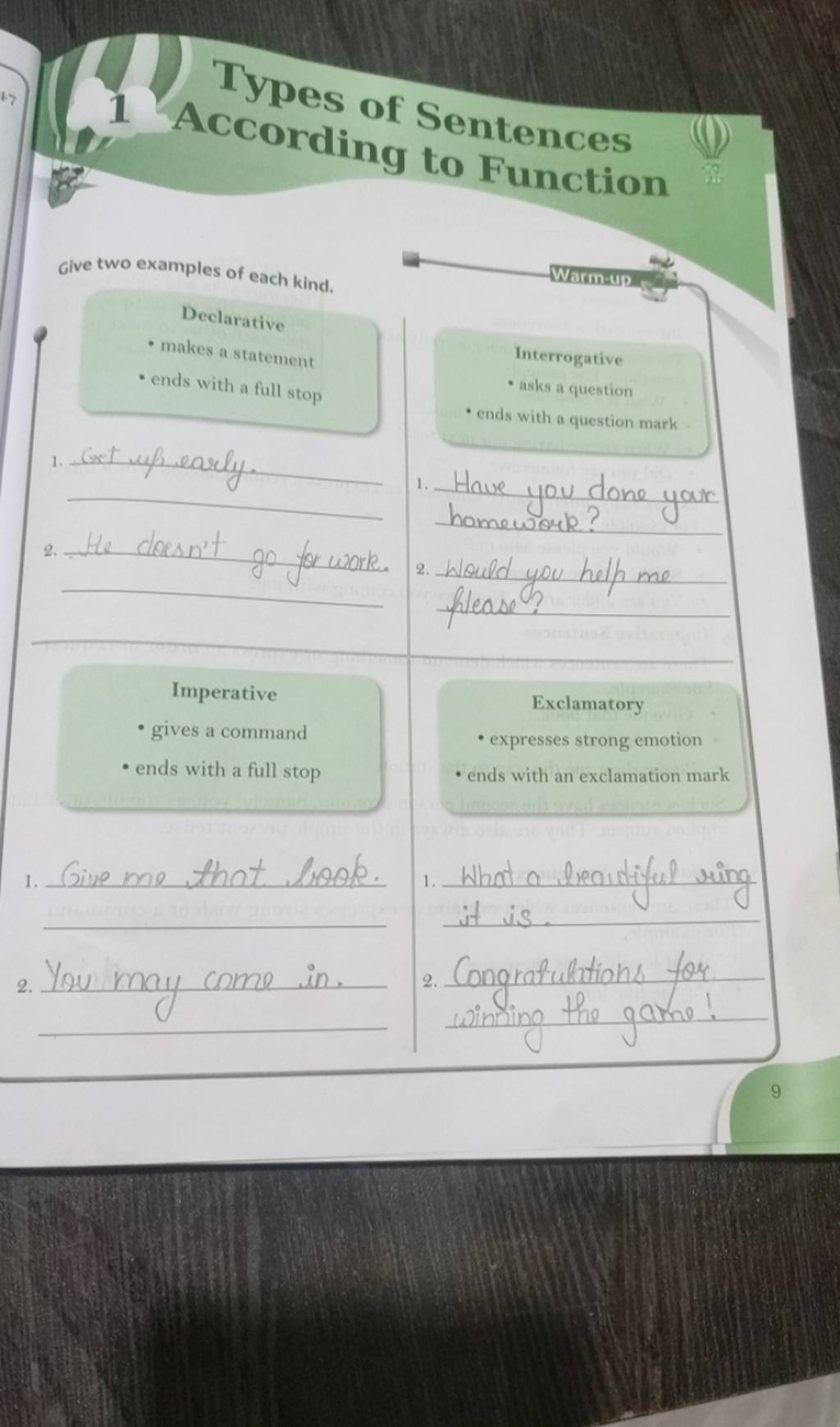 Types of Sentences 1 According to Function Give two examples of each kind..