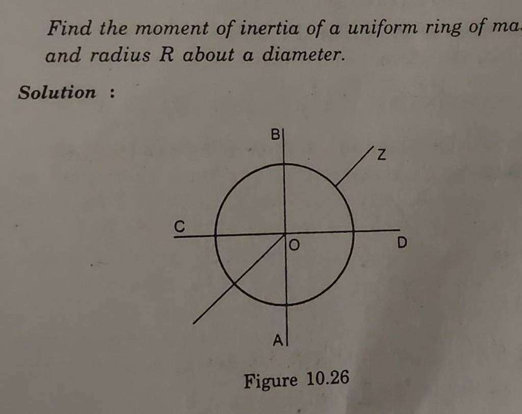 Find the moment of inertia of a uniform ring of ma and radius R about a d..