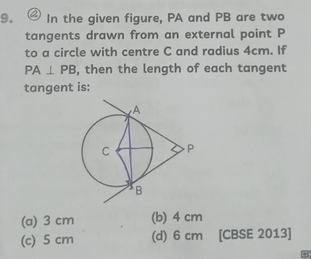 9. (2) In the given figure, PA and PB are two tangents drawn from an exte..