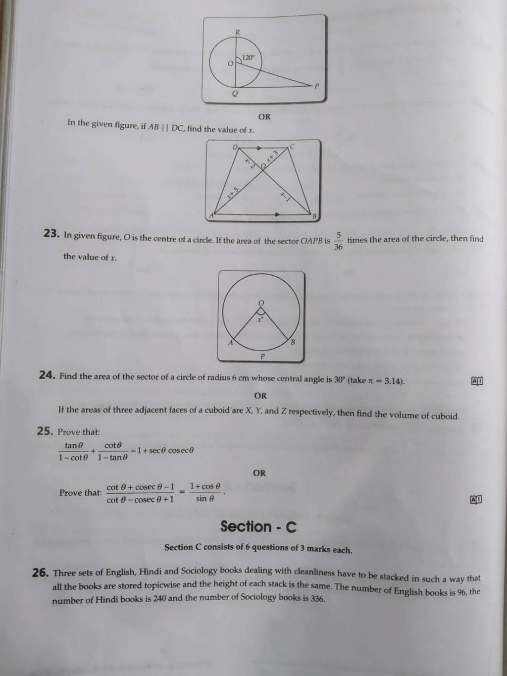 In the given figure, if AB∥DC, find the value of x. OR 23. In given figur..