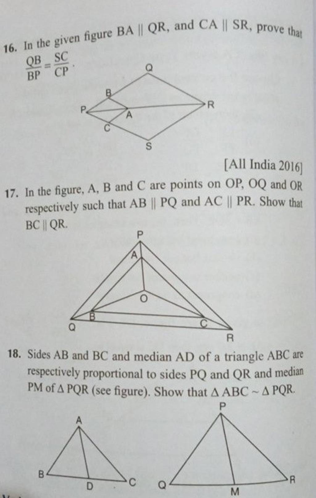 16. In the given figure BA∥QR, and CA∥SR, prove that BPQB =CPSC [All Ind..