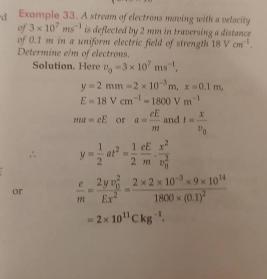 Example 33. A stream of electrons moving with a velocity of 3×107 ms−1 is..