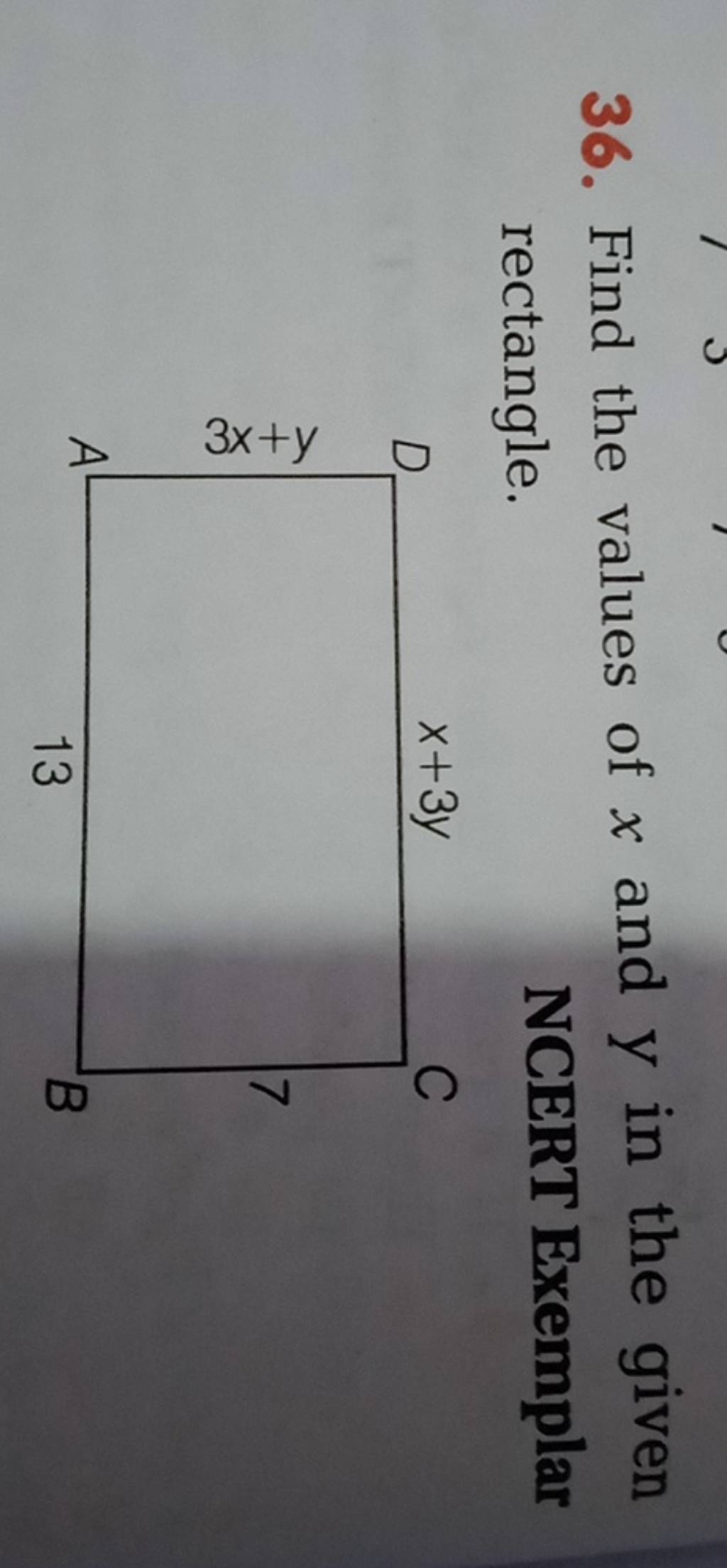 36. Find the values of x and y in the given rectangle. NCERT Exemplar..