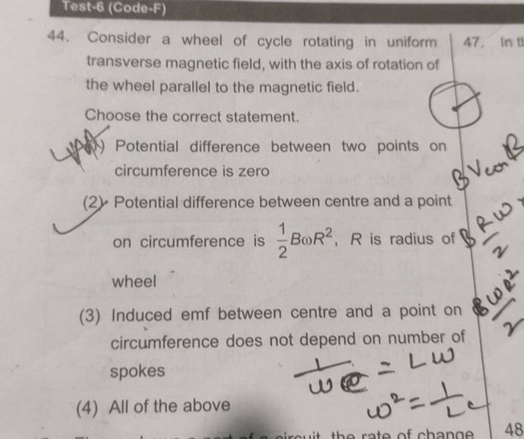 Test-6 (Code-F) 44. Consider a wheel of cycle rotating in uniform transve..