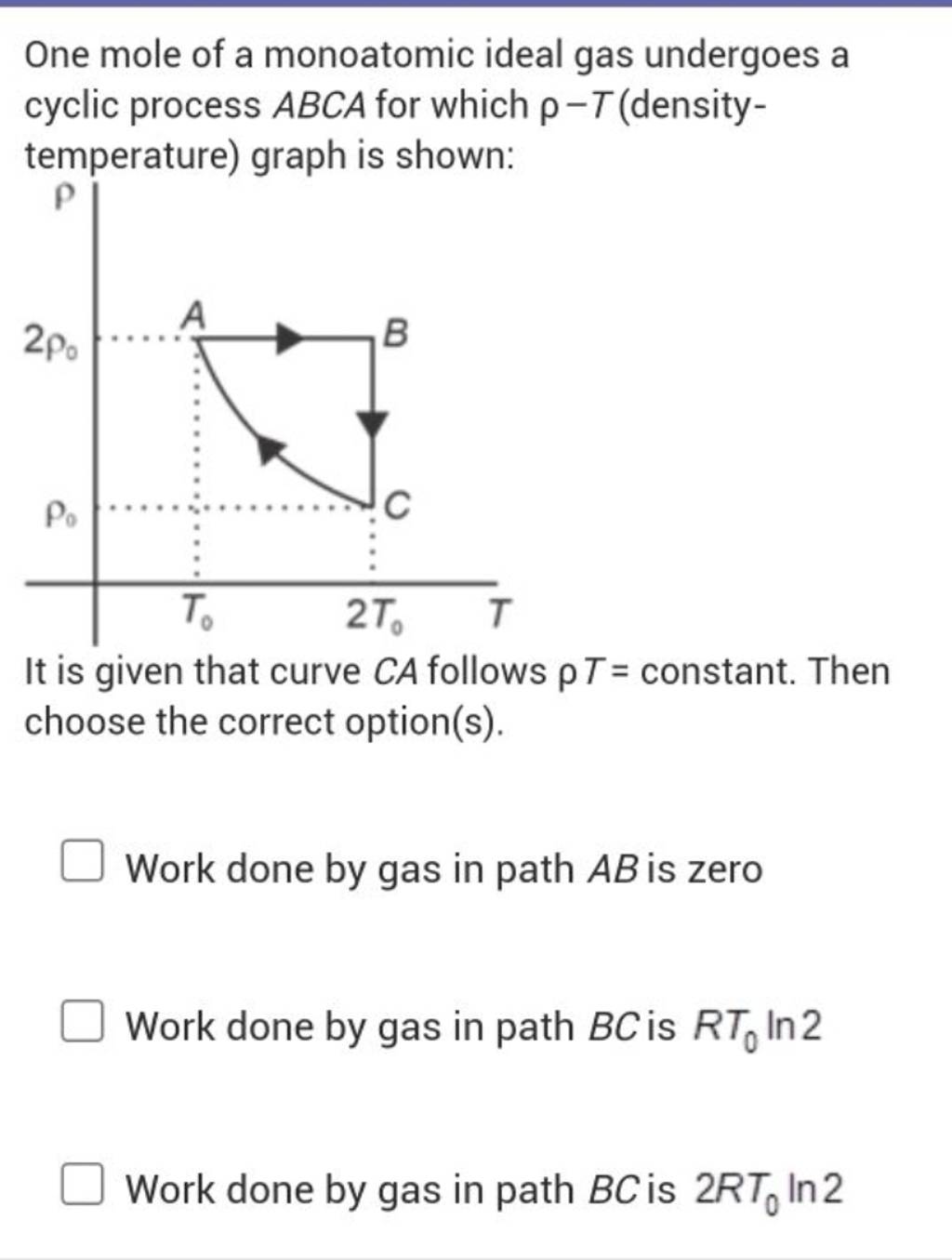 One mole of a monoatomic ideal gas undergoes a cyclic process ABCA for wh..