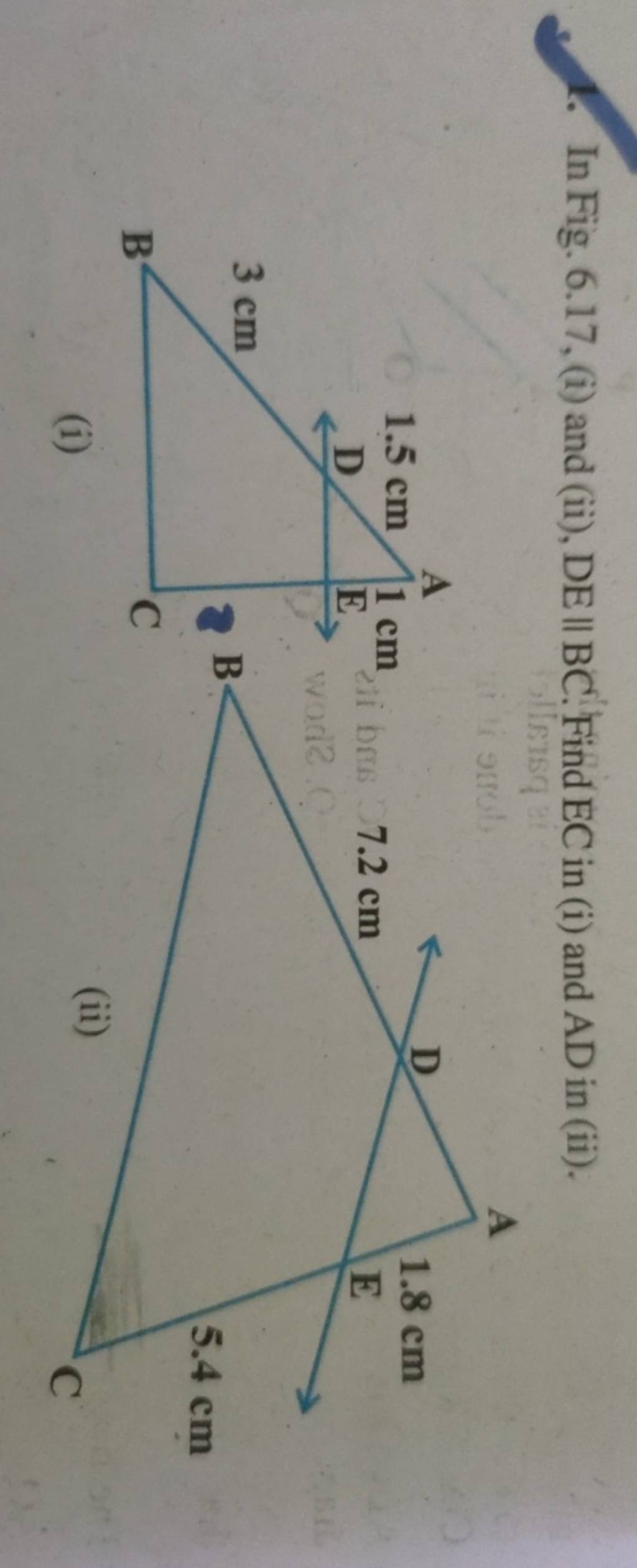 1. In Fig. 6.17, (i) and (ii), DE∥BC. Find EC in (i) and AD in (ii)...