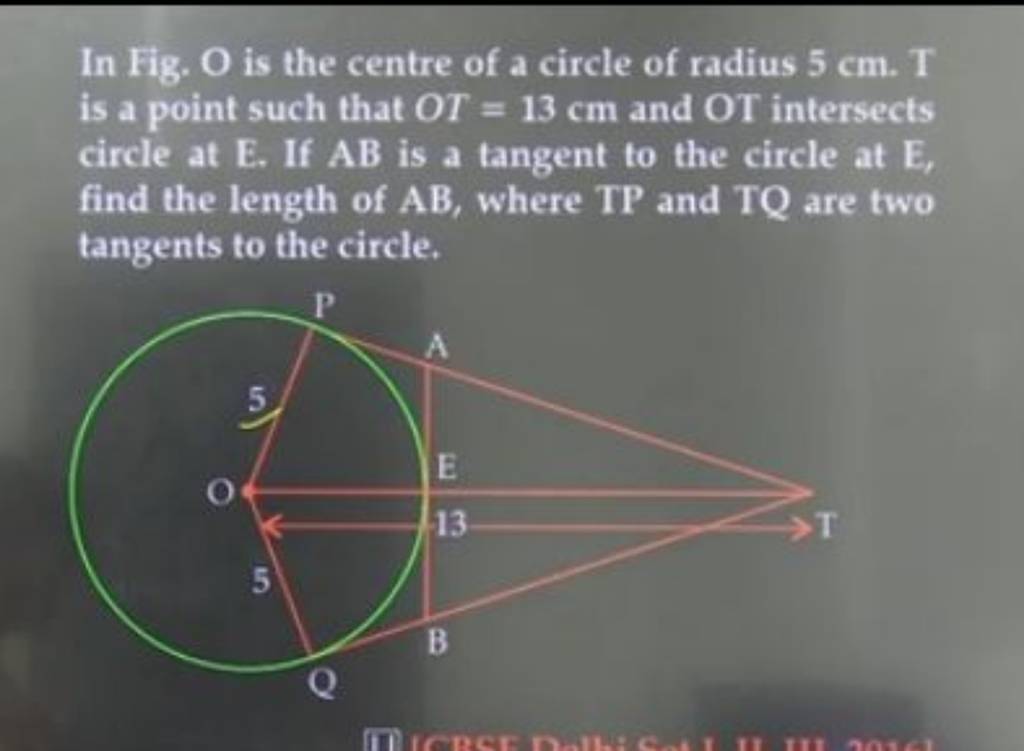 In Fig. O is the centre of a circle of radius 5 cm. T is a point such tha..