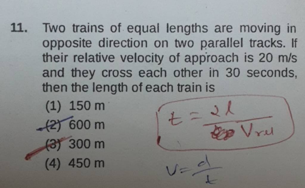 Two trains of equal lengths are moving in opposite direction on two paral..