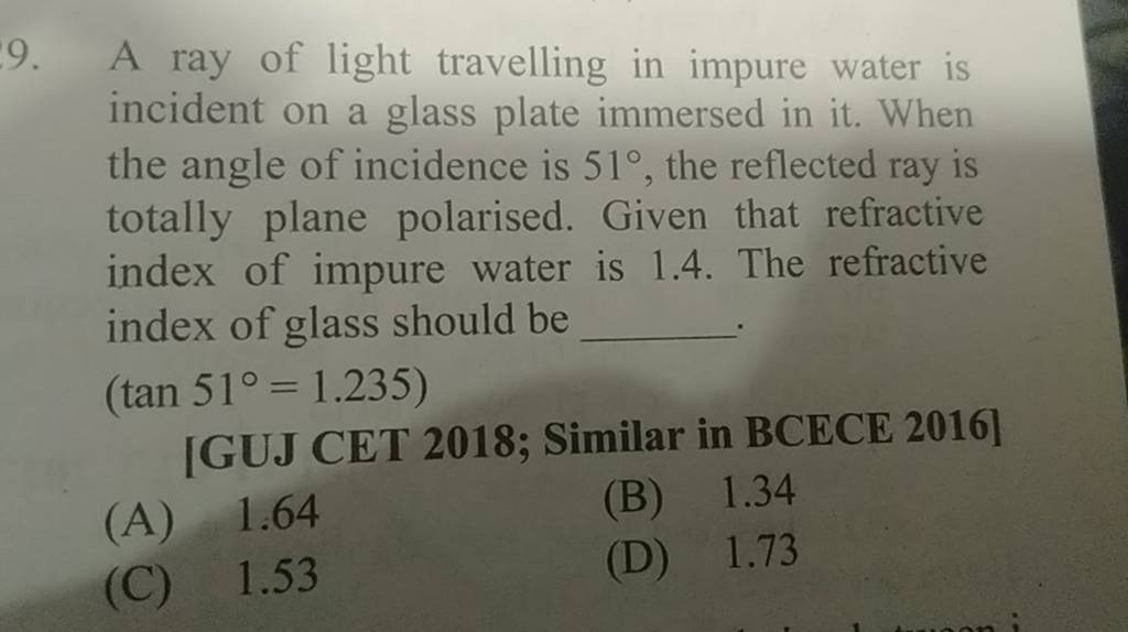 A ray of light travelling in impure water is incident on a glass plate im..