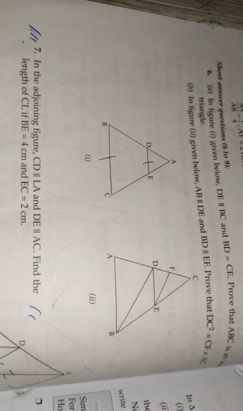 Short answer questions ( 6 to 9): 6. (a) In figure (i) given below, DE∥BC..