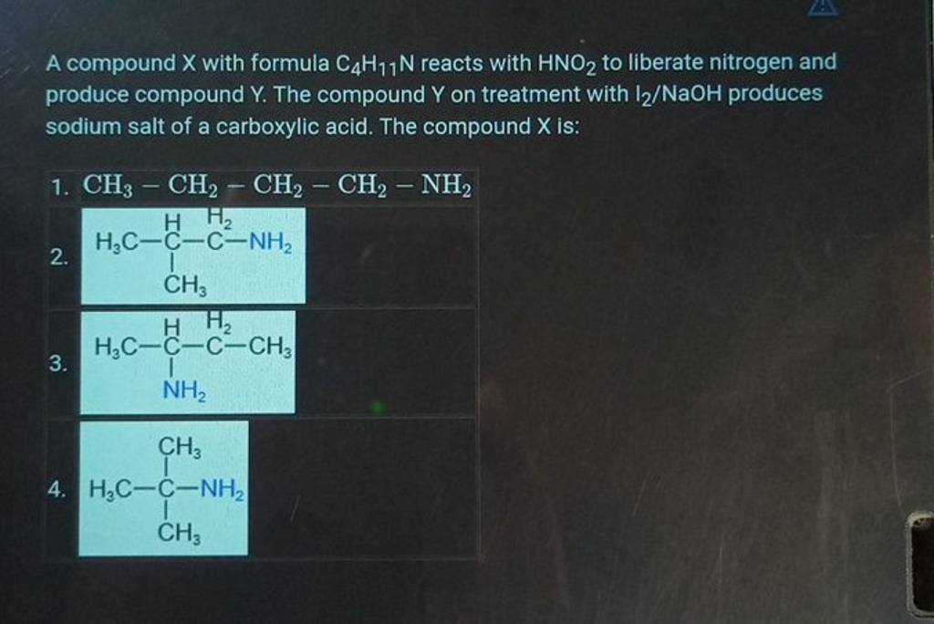 A compound X with formula C4 H11 N reacts with HNO2 to liberate nitroge..