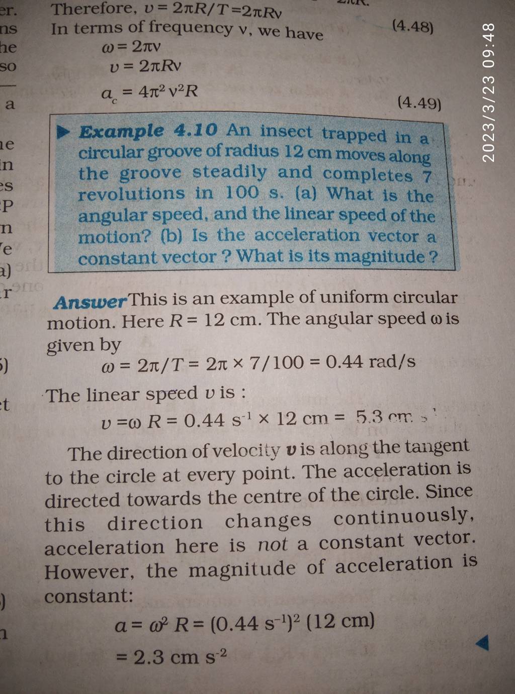 Therefore, v=2πR/T=2πRv In terms of frequency v, we have (4.48) ω=2πvv=2π..