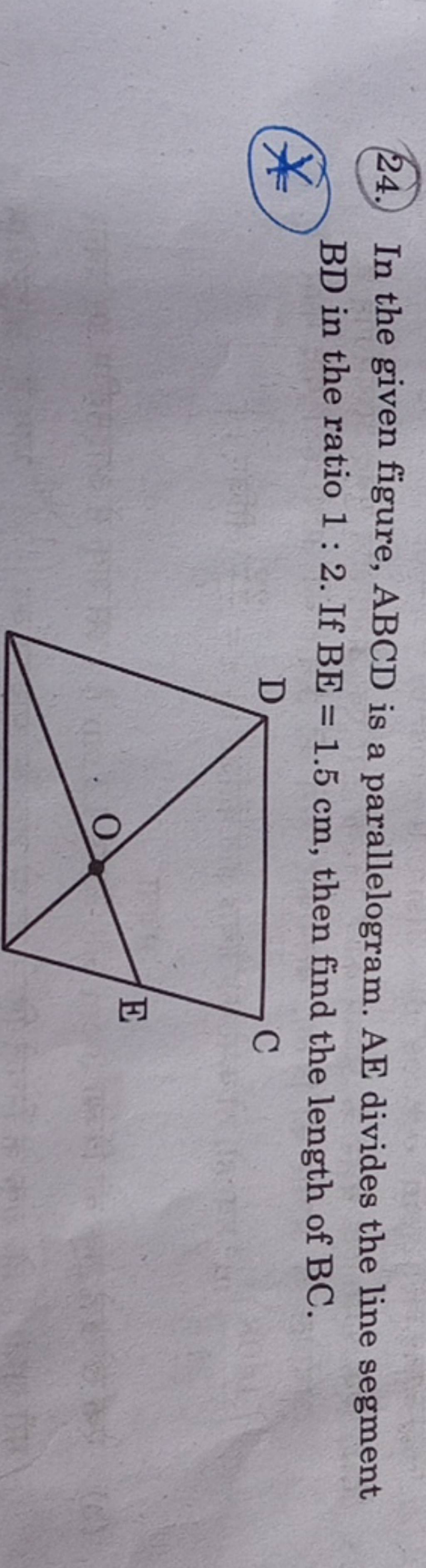 (24.) In the given figure, ABCD is a parallelogram. AE divides the line s..