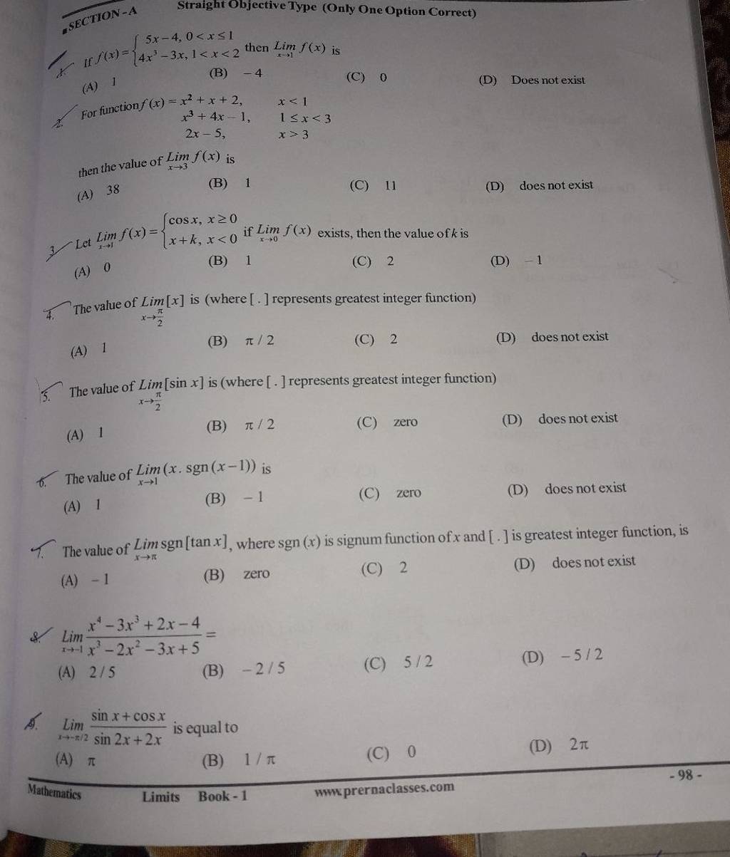 The value of Limx→π sgn[tanx], where sgn(x) is signum function of x and