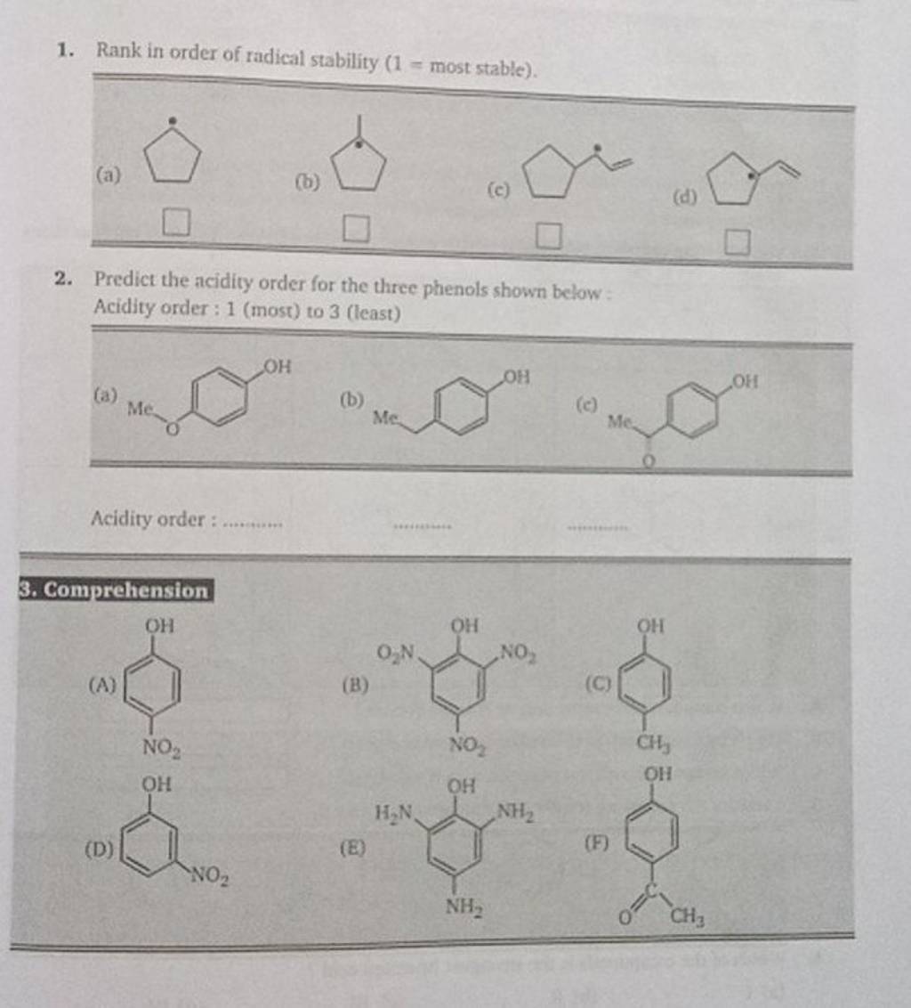 Predict the acidity order for the three phenols shown below : Acidity ord..