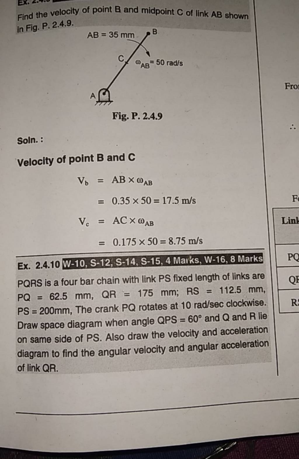 Find the velocity of point B and midpoint C of link AB shown in Fig. P. 2..