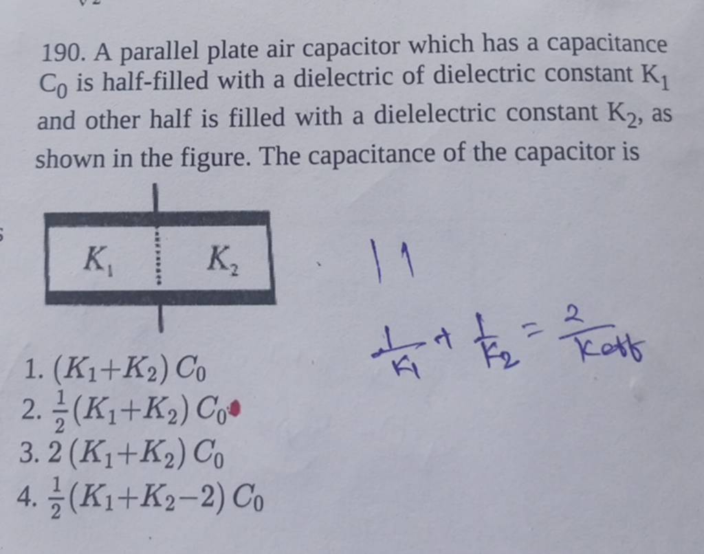 A parallel plate air capacitor which has a capacitance C0 is half-filled..
