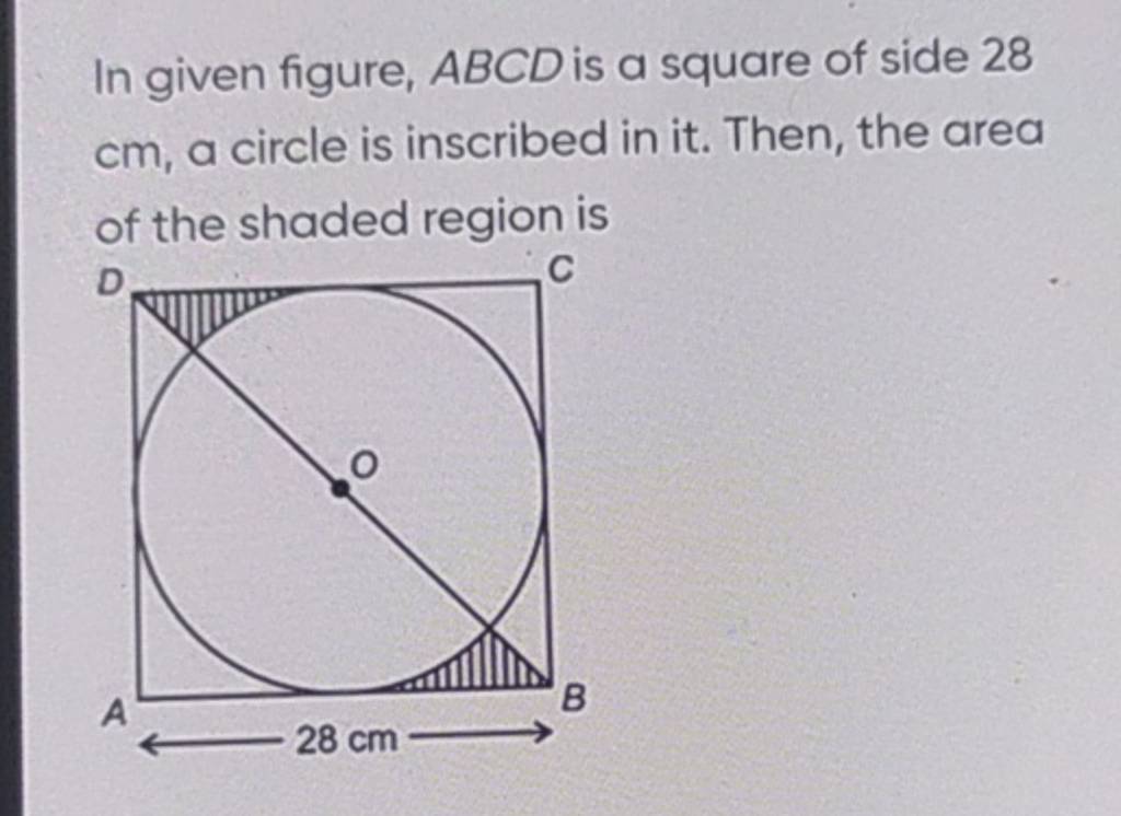 In given figure, ABCD is a square of side 28 cm, a circle is inscribed in..