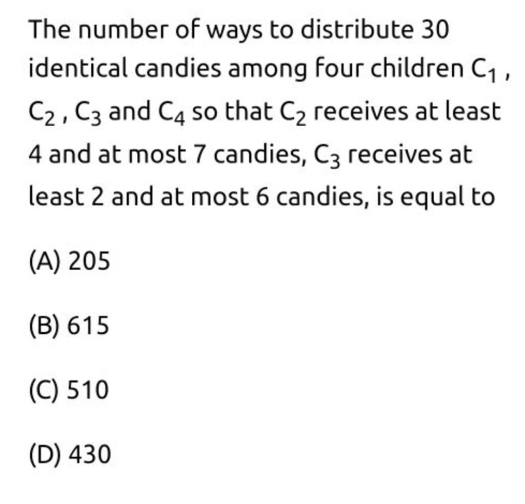 The number of ways to distribute 30 identical candies among four children.. The number of ways to distribute 30 identical candies among four children..