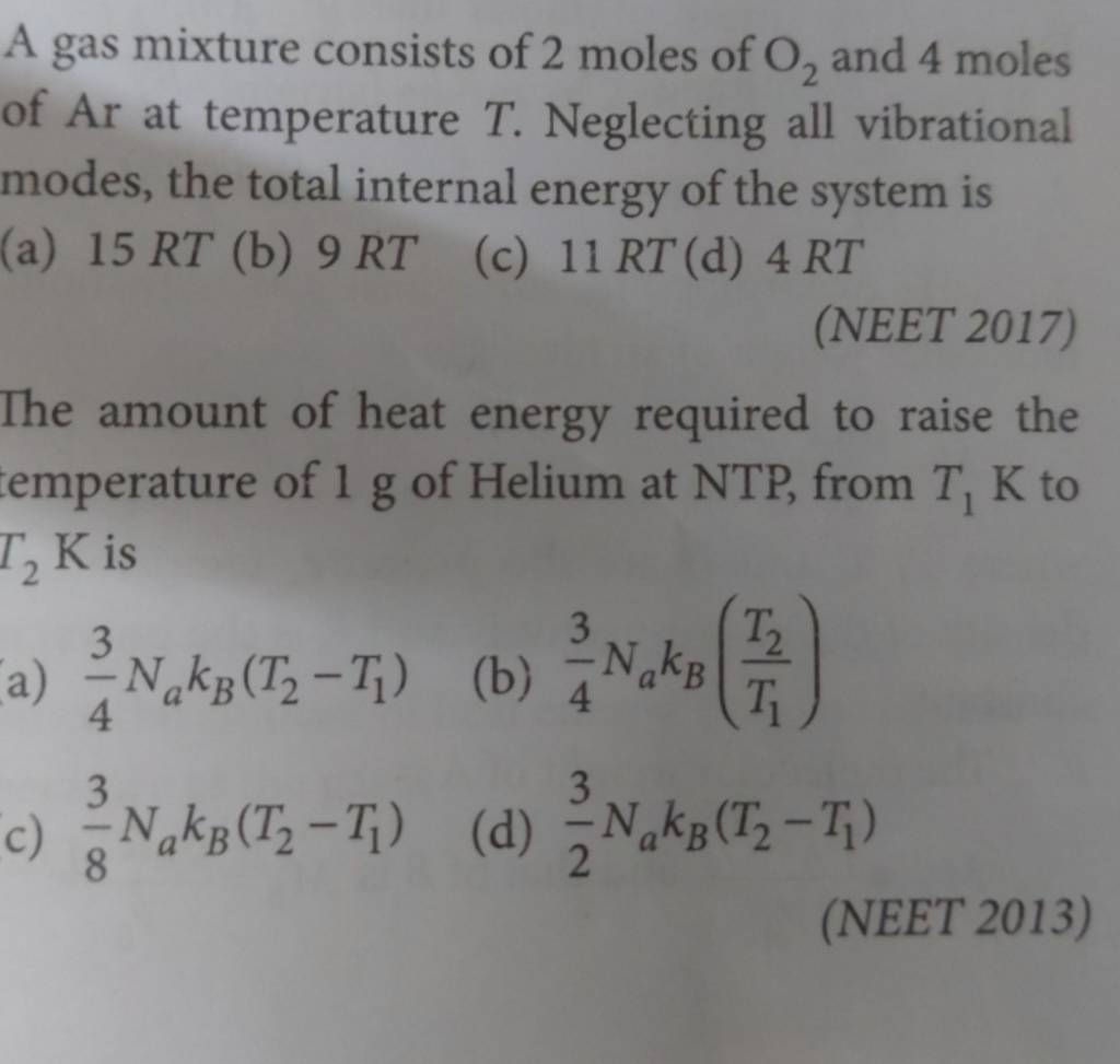 A gas mixture consists of 2 moles of O2 and 4 moles of Ar at temperature..