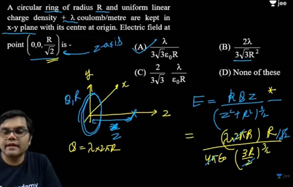 A circular ring of radius R and uniform linear charge density +λ coulomb/..