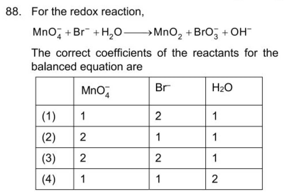 88. For the redox reaction, MnO4− +Br−+H2 O MnO2 +BrO3− +OH− The correct