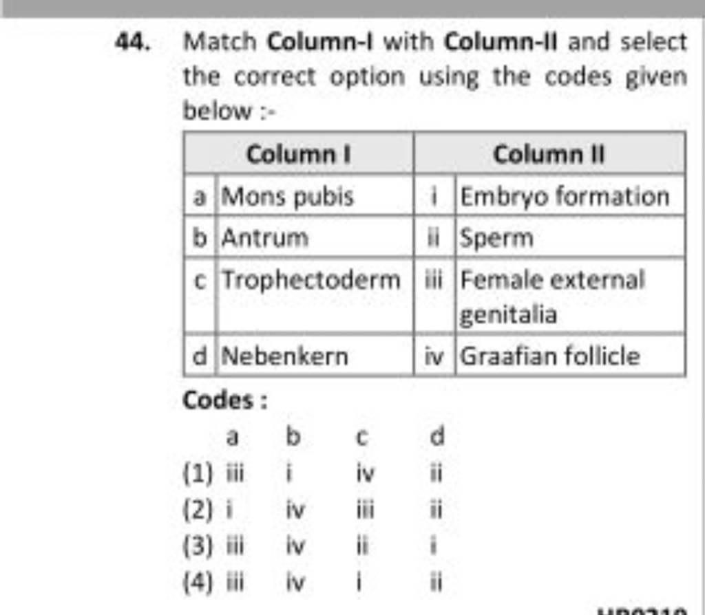 44 Match Column I With Column Ii And Select The Correct Option Using The