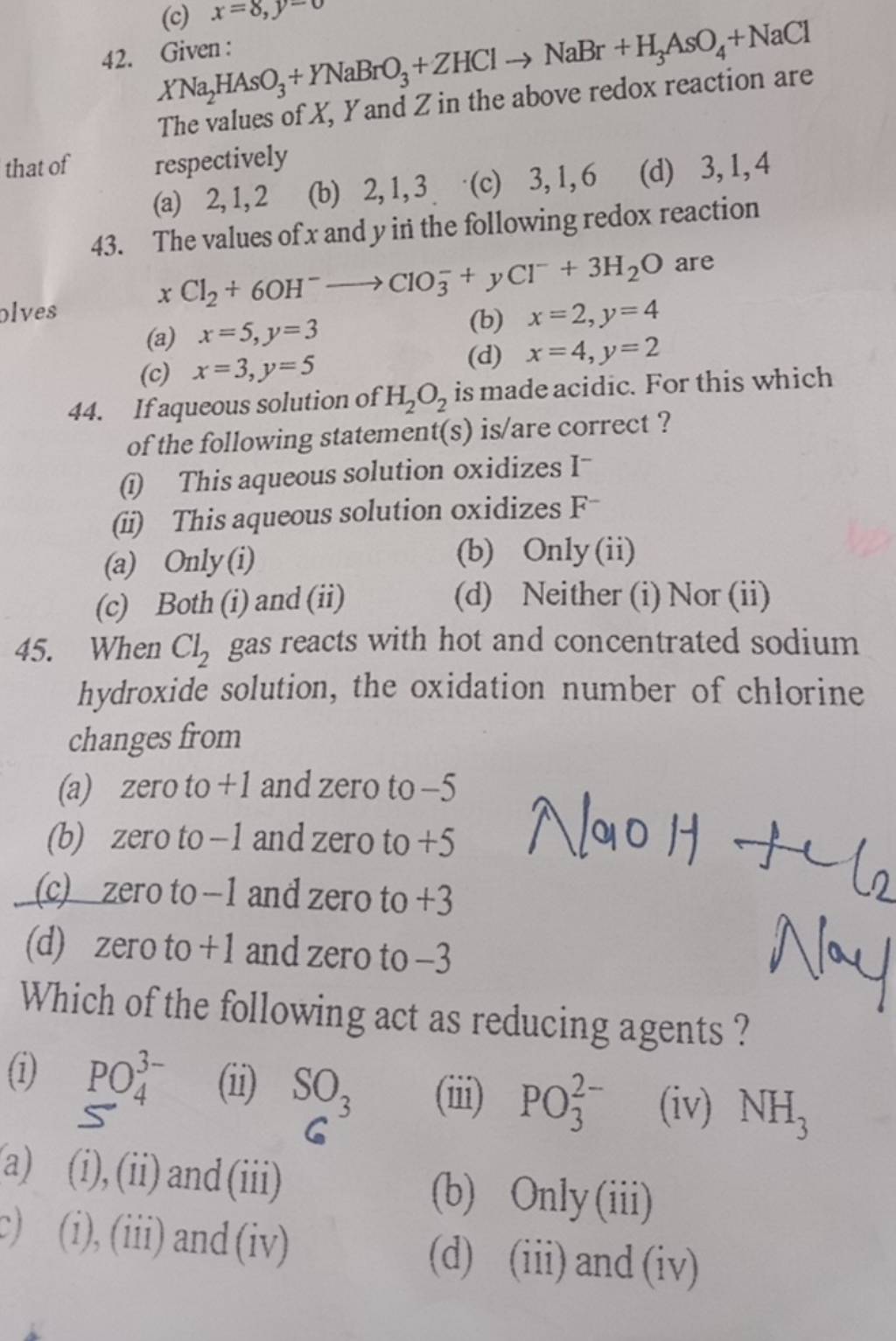 XNa2 HAsO3 +YNaBrO3 +ZHCl→NaBr+H3 AsO4 +NaCl 42. Given The values of X,Y