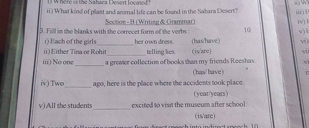 Section-B (Writing \& Grammar) 3. Fill in the blanks with the correcet fo..